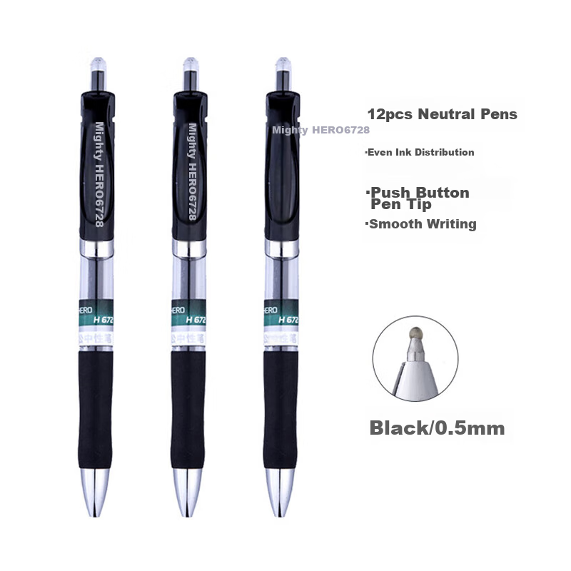HERO Gel Pen 672 Black Retractable Large Capacity Business Gel Pen, Signature Pen, Writing Pen for Students [12-Pack]