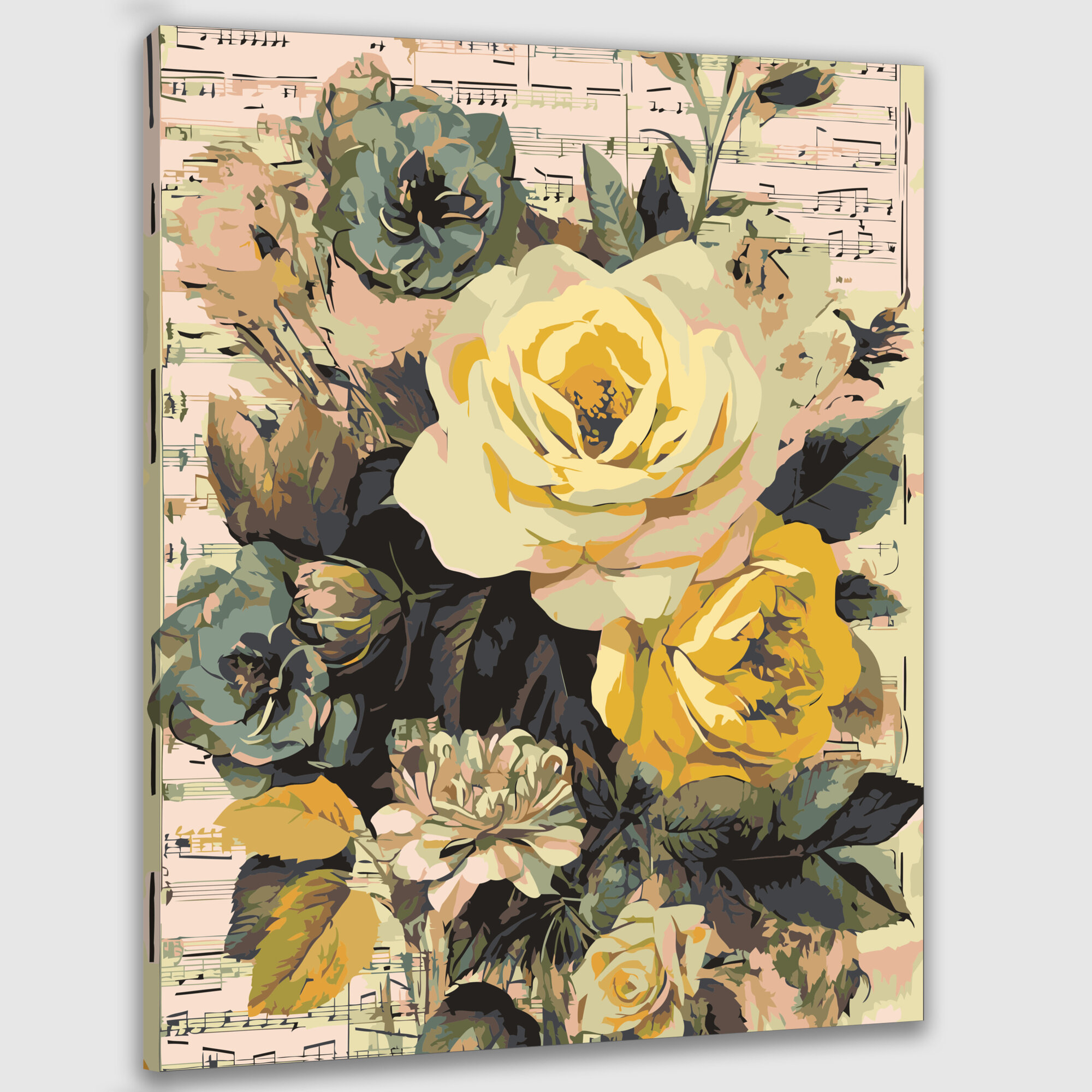 Картина по номерам 40x50 см, картина, коллаж, смешанная техника, старинные ноты, бумажные розы, размеры, цвета, музыка