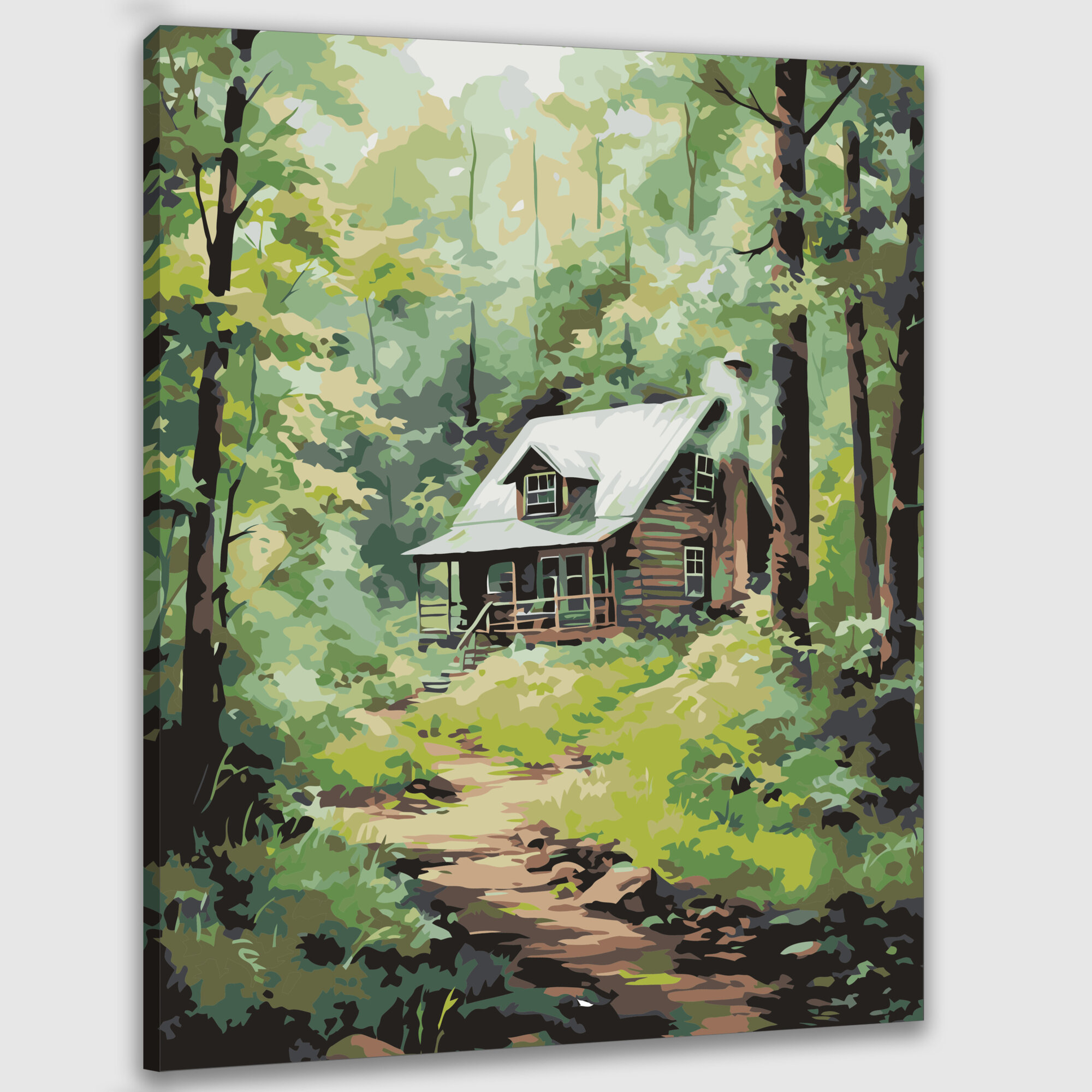 Картина по номерам 40x50 см, акварельная картина, хижина, лес, деревья, листва, штрихи, цвета, безмятежность, гармония