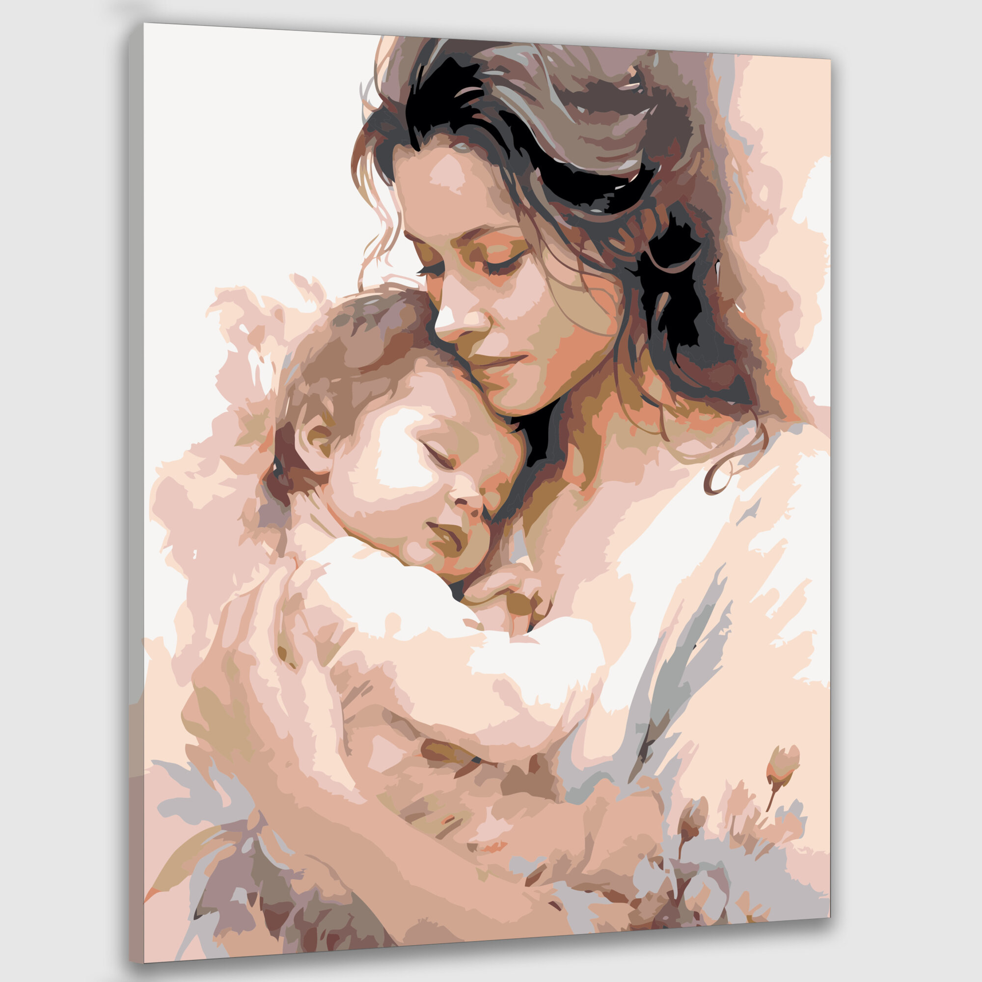 Картина по номерам 40x50 см, акварельный портрет, матерь с ребенком, мечтательность, пастельные оттенки, нежные мазки