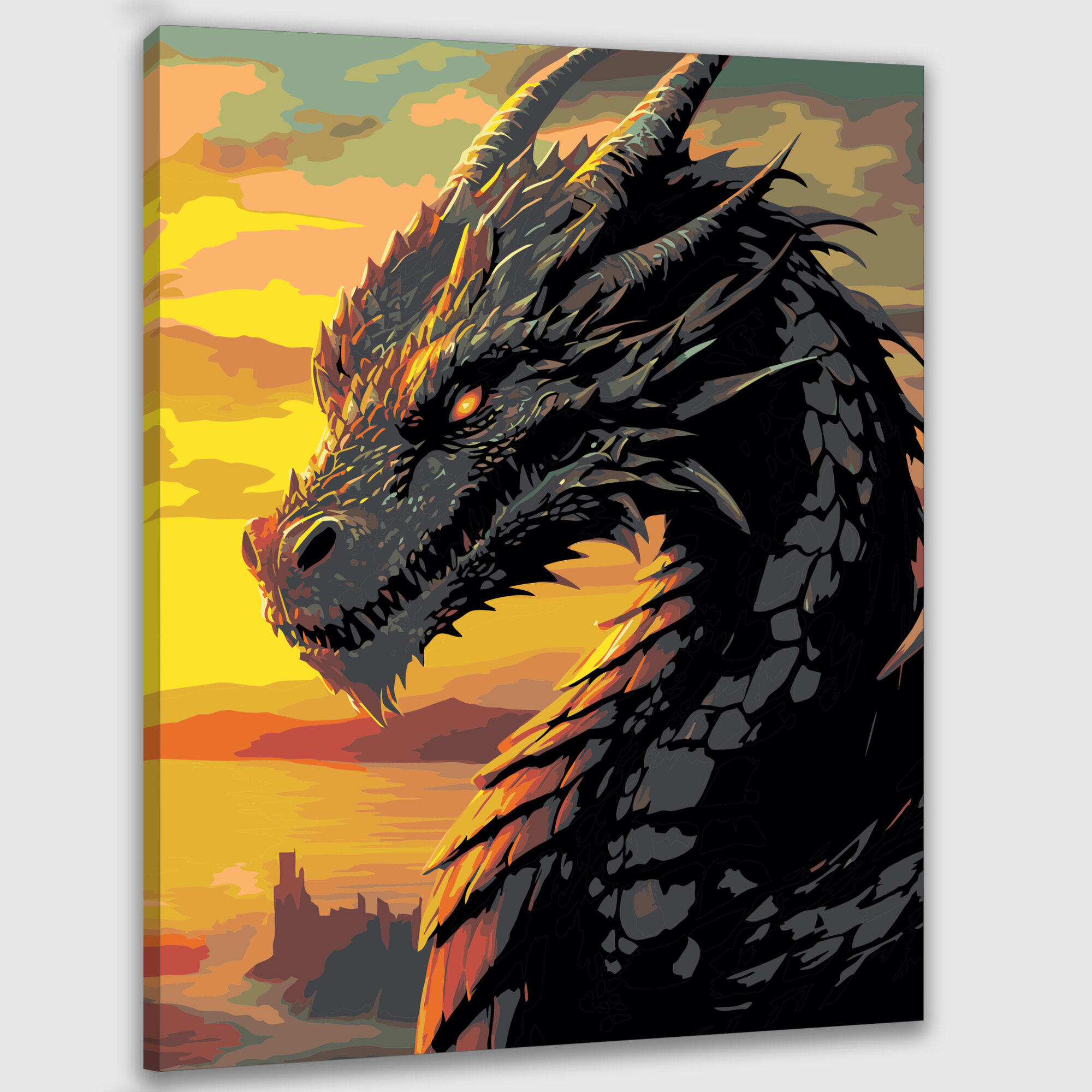 Картина по номерам 40x50 см, картина, деревянный дракон, изумрудная чешуя, закат, оранжевый свет, розовый свет, тени