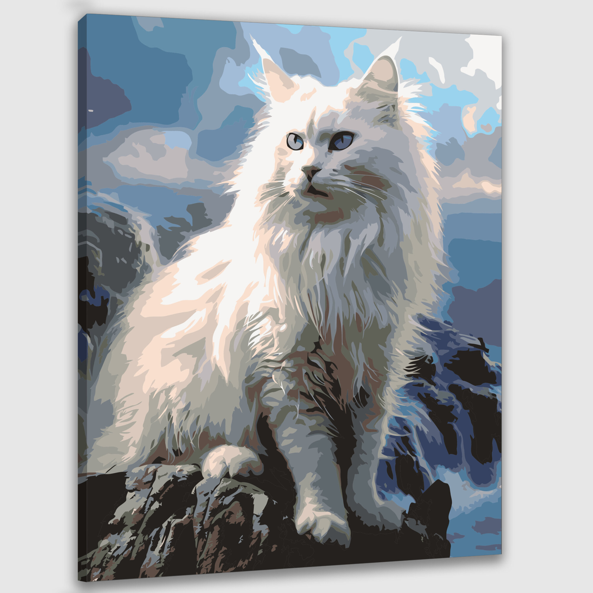 Картина по номерам 40x50 см, цифровая картина, белая кошка, голубые глаза, скалистый утес, бескрайний океан