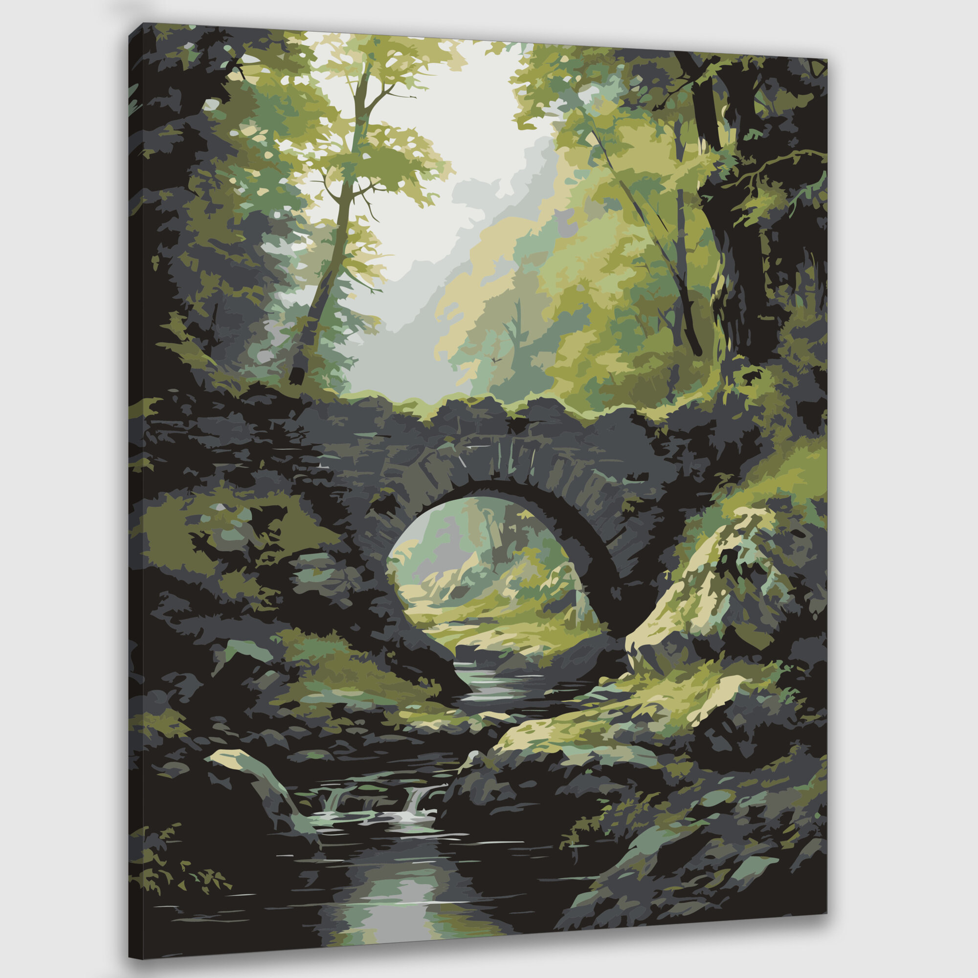 Картина по номерам 40x50 см, картина маслом, пейзаж, каменный мост, река, резьба, мхом покрытые камни, цветная листва