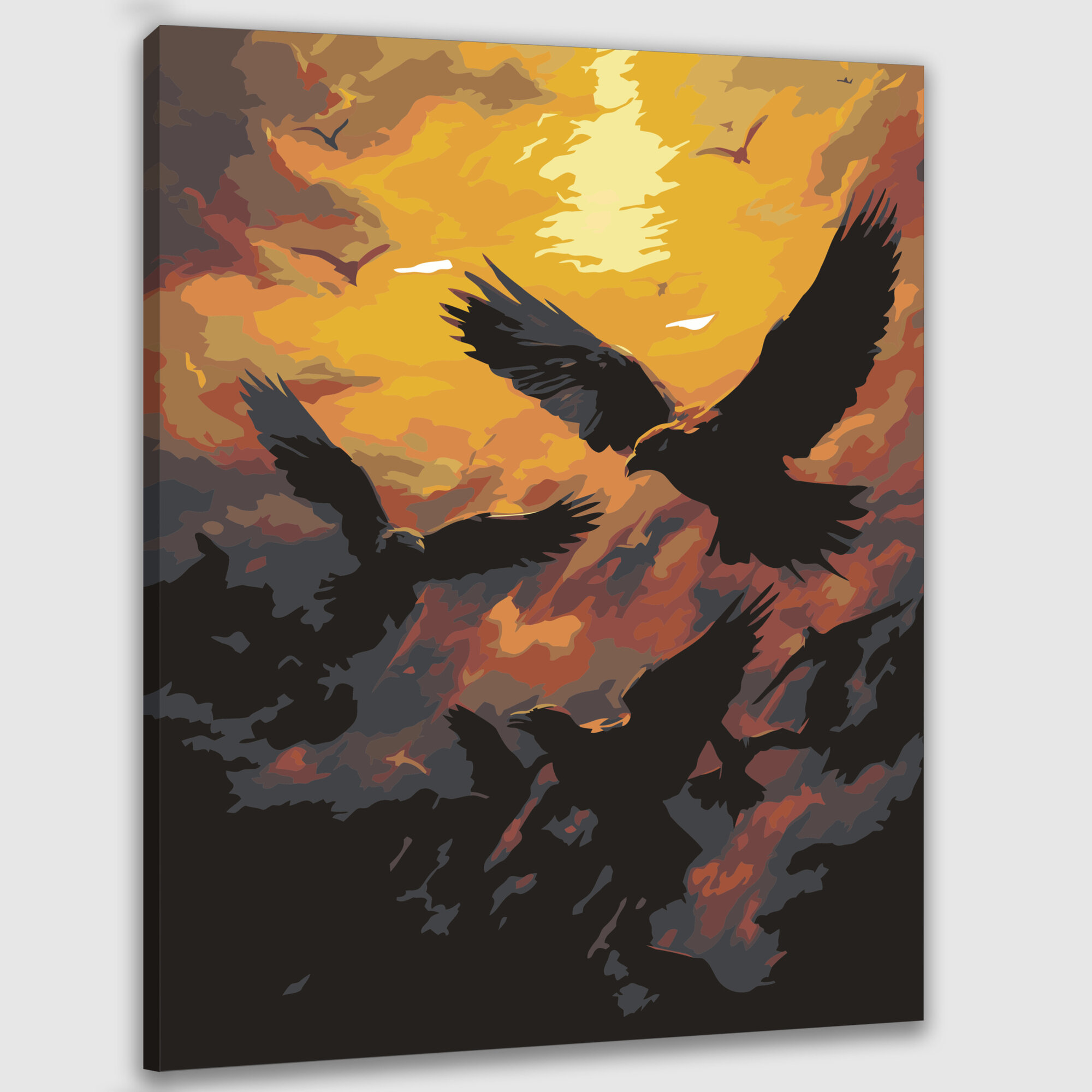 Картина по номерам 40x50 см, динамичная, акриловая картина, вороны, полет, птичий взгляд, крылья, узоры, облака