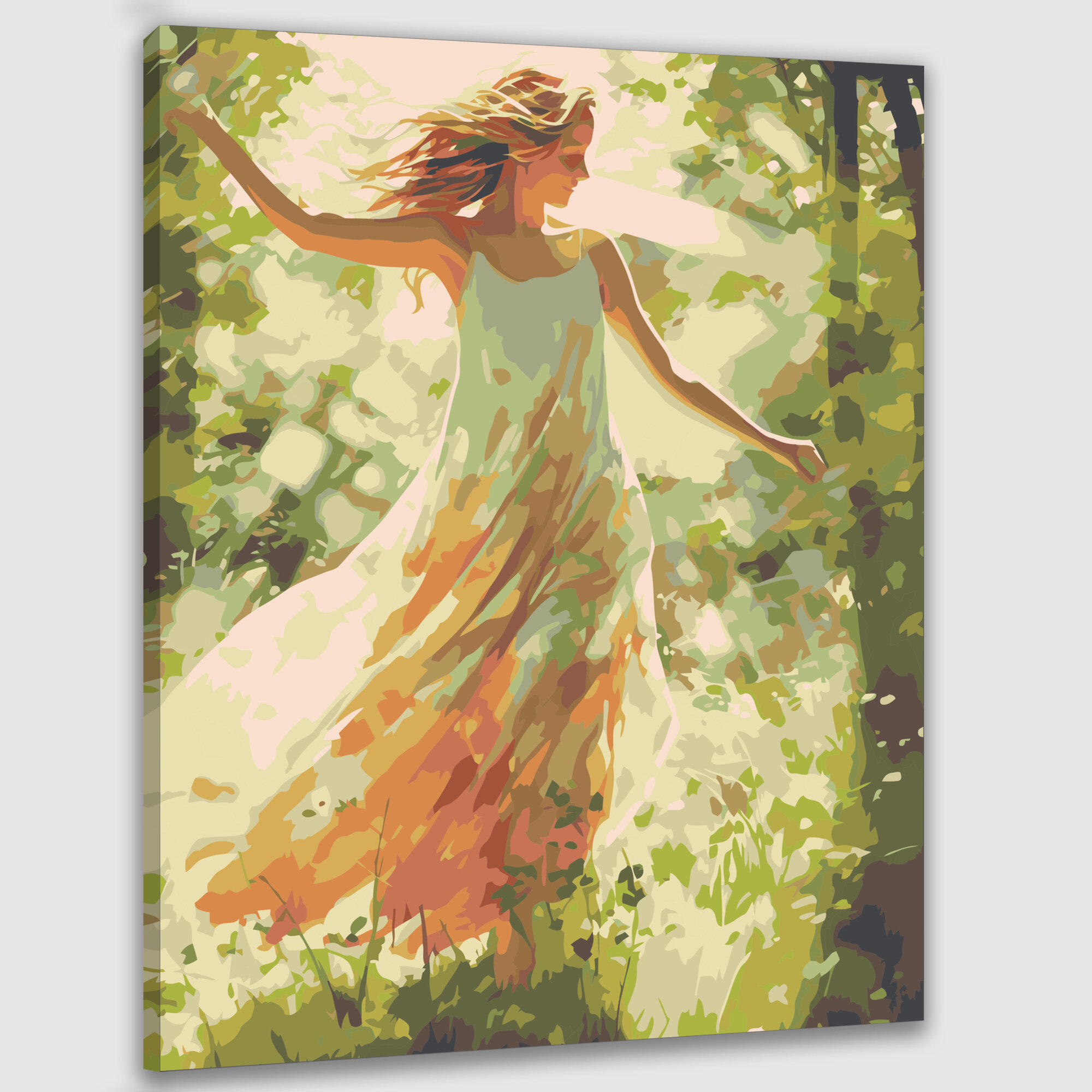 Картина по номерам 40x50 см, акварельная картина, молодая девушка, кружится на лугу, развевается платье, солнечный свет