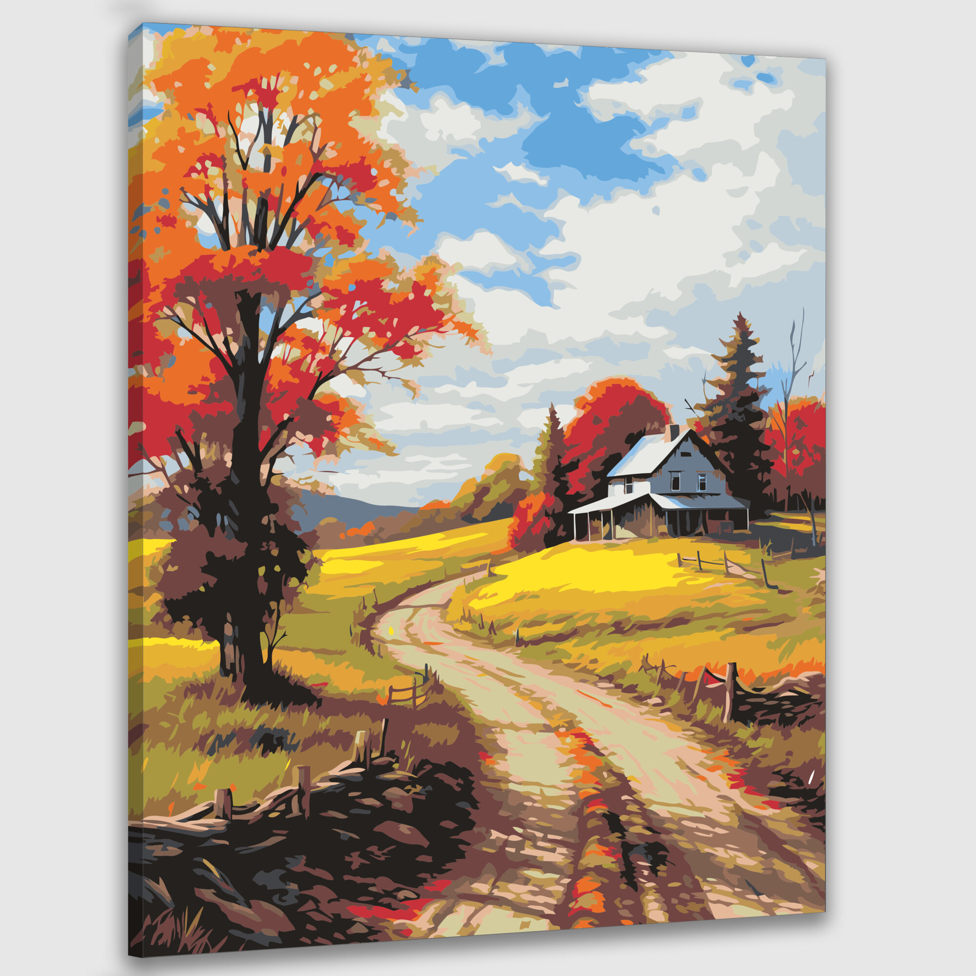 Картина по номерам 40x50 см, картина маслом, сельская дорога осенью, разноцветные деревья, красный, оранжевый