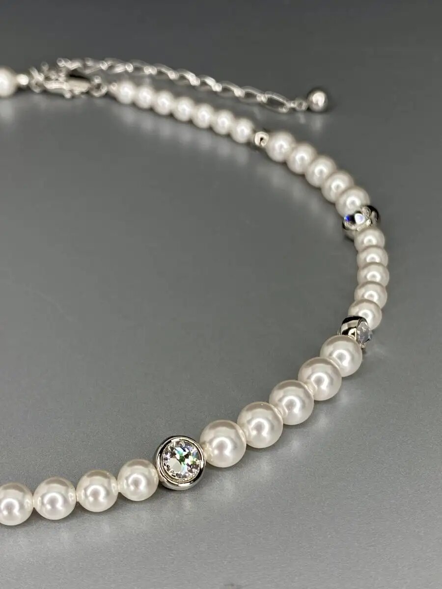 Колье Amante crystal, жемчуг Swarovski синтетический, белый, серый — фото 1