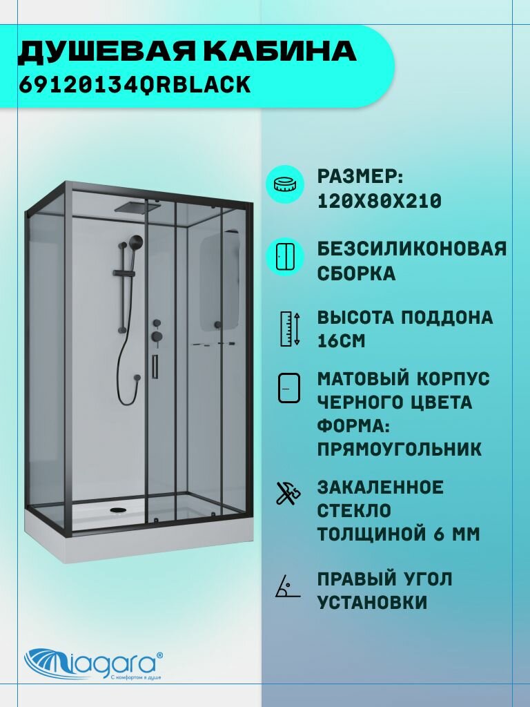 Душевая кабина Niagara Premium NG-6912-01QR BLACK (120х80х210) низкий поддон(16 см), черный, стекло тонированное,4 места