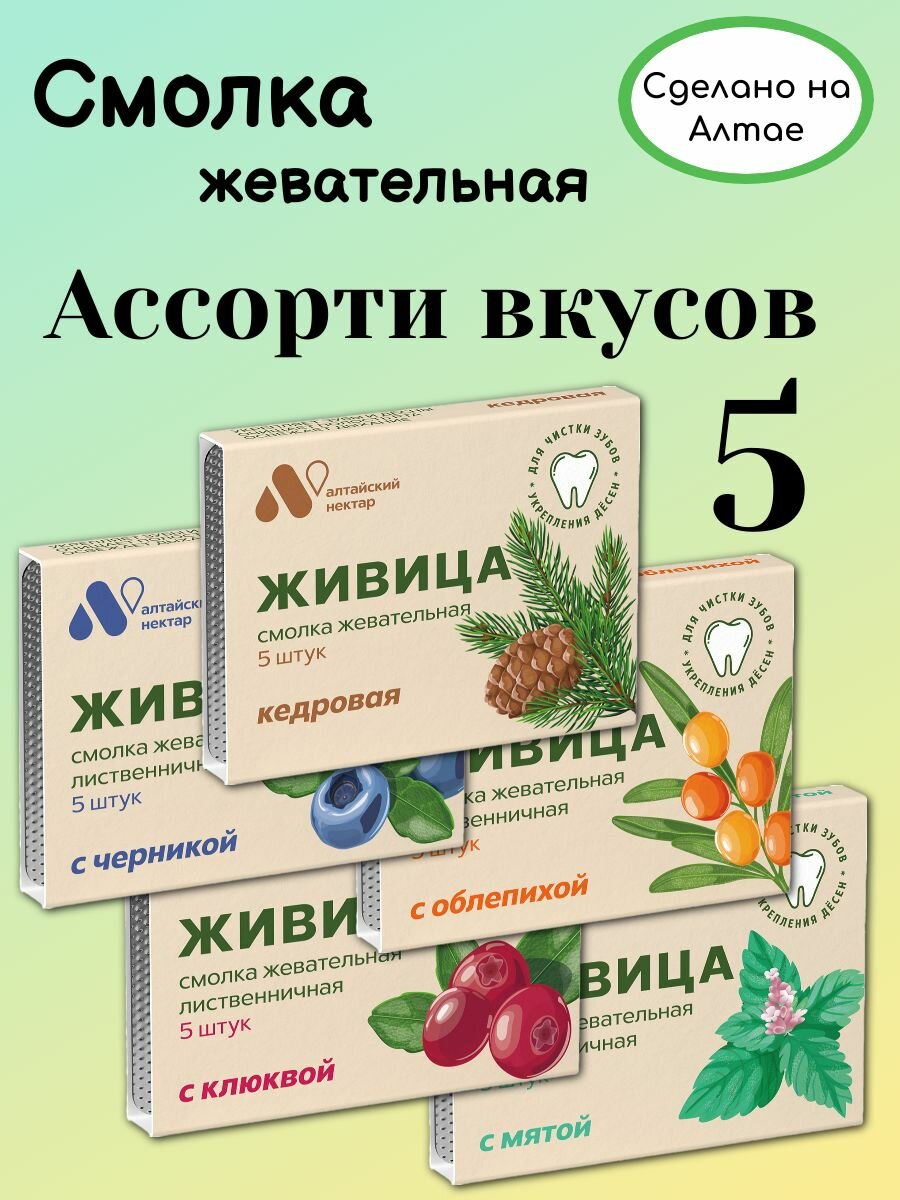 Смолка жевательная ассорти вкусов ( черника, мята, облепиха, клюква, кедровая) 5 блистеров, Алтайский нектар