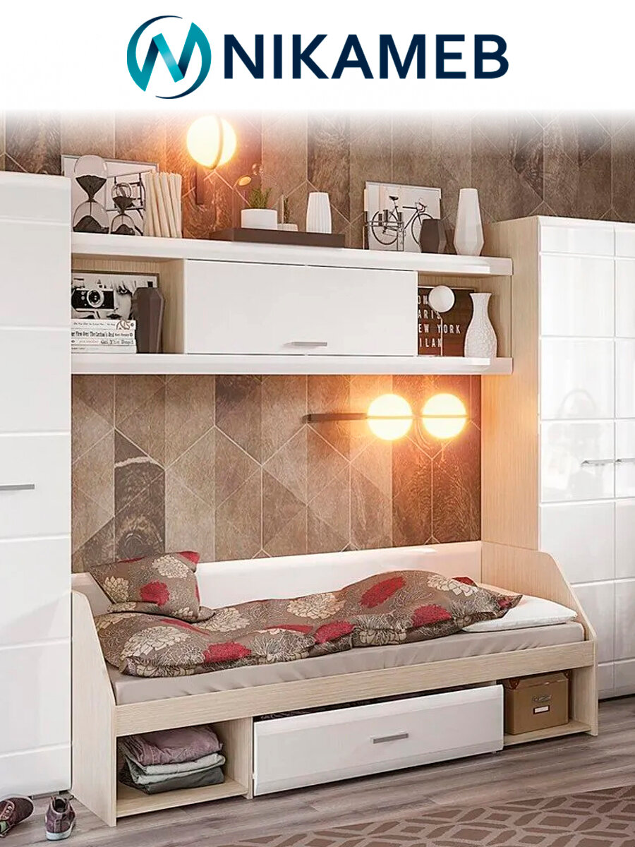 Спальня симба кровать одноярусная (1,942х0,66х0,848) фасад МДФ белый глянец/корпус белфорт