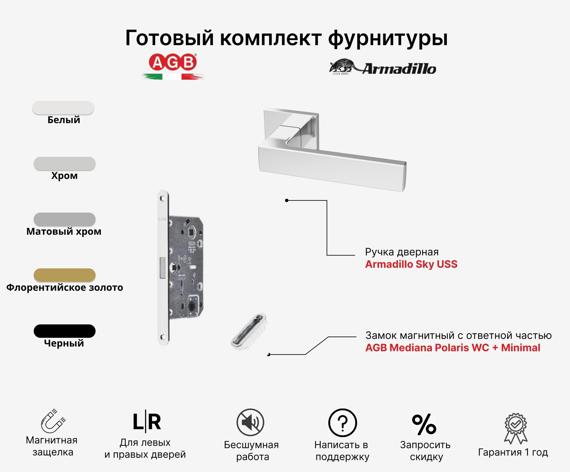 Комплект Ручка дверная Armadillo SKY USS CP-8 + Замок магнитный AGB Mediana POLARIS (с отв. планкой Minimal), Хром