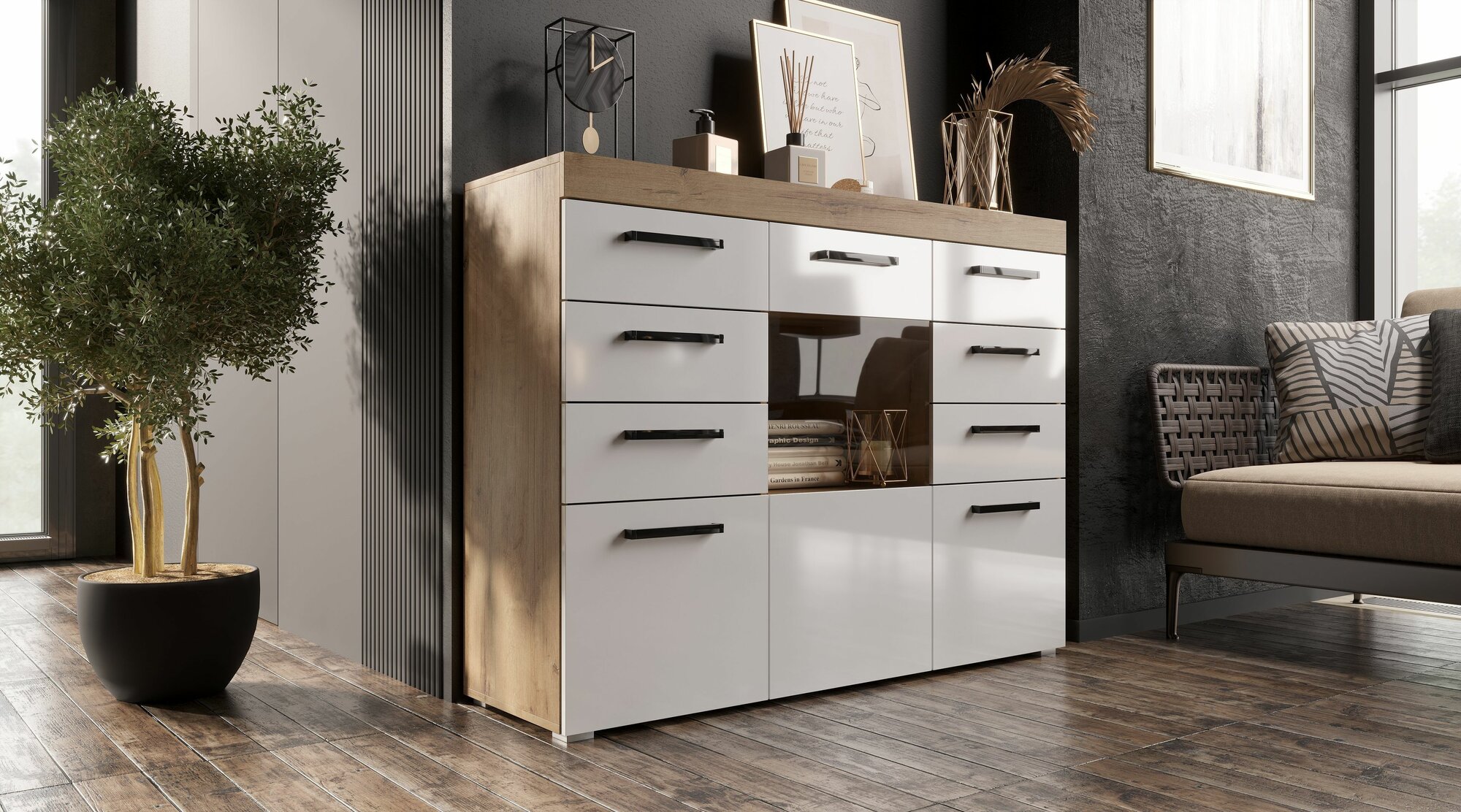 Комод Бастон Дуб Вотан/Белый Глянец ЛДСП ширина 135 см с выдвижными ящиками и стеклянными створками напольный