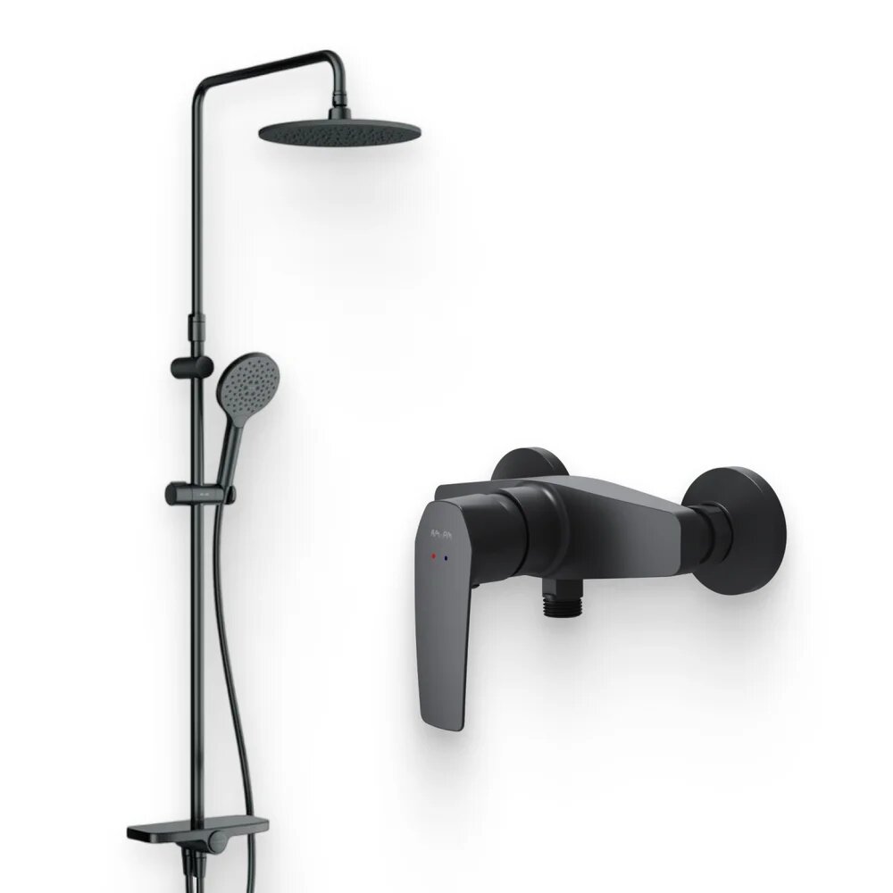 Душевой комплект Смеситель для душа AM.PM Gem F90A20022, черный / Стойка Like F0780222, черная