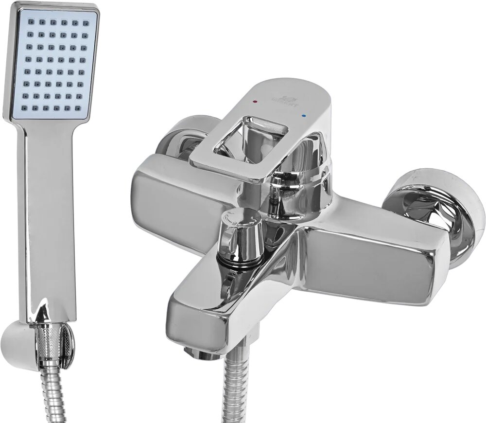 Смеситель для ванны с душем Wisent WP3030 с душевым гарнитуром, настенный, однорычажный, хром, глянцевый, с керамическим картриджем