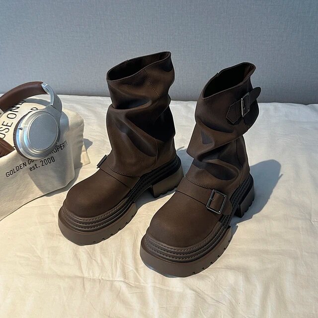 Винтажные женские мотоциклетные ботинки с толстой подошвой, модные, с пряжкой на ремне, осенне-зимние, женские, без застежек, до середины голени