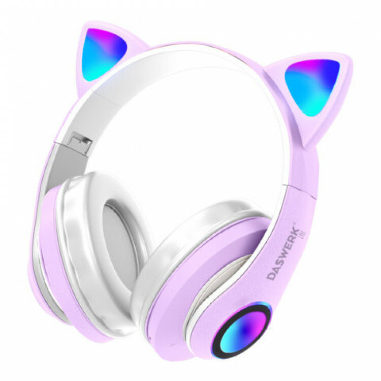 Наушники беспроводные игровые накладные, с ушками, светящиеся, фиолетовые DASWERK (дасверк) STN-28, 513801