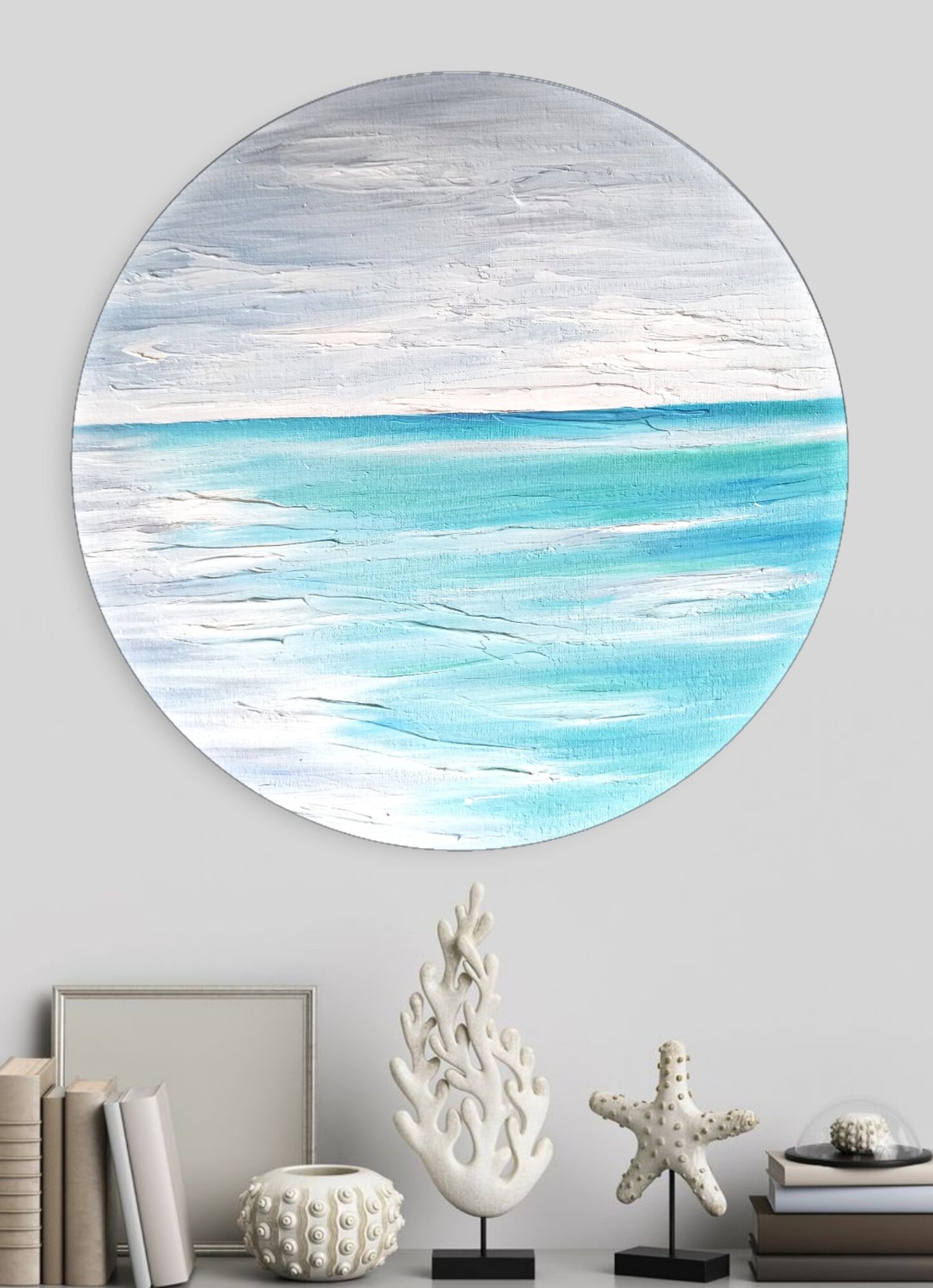 Круглая картина море маслом. Бирюзовая текстурная картина ручной работы.