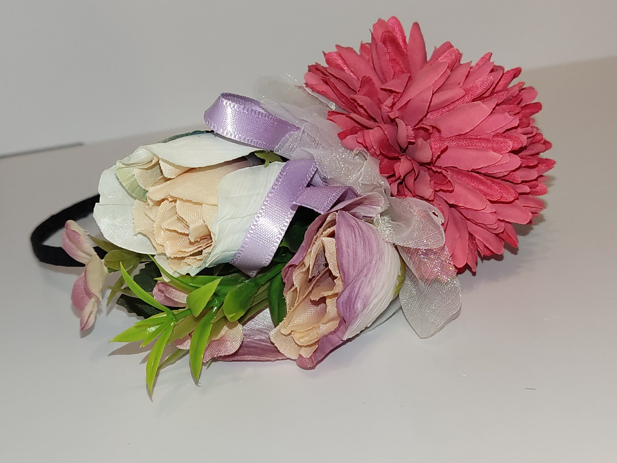 Ободок для волос "Цветы", металл, ручной работы, красный/сиреневый/голубой