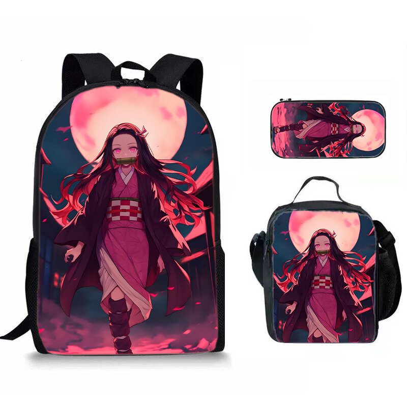 Новый школьный рюкзак Nezuko с принтом Demon Slayer в стиле аниме, студенческий рюкзак, цельный Прямая поставка, комплект из трех предметов