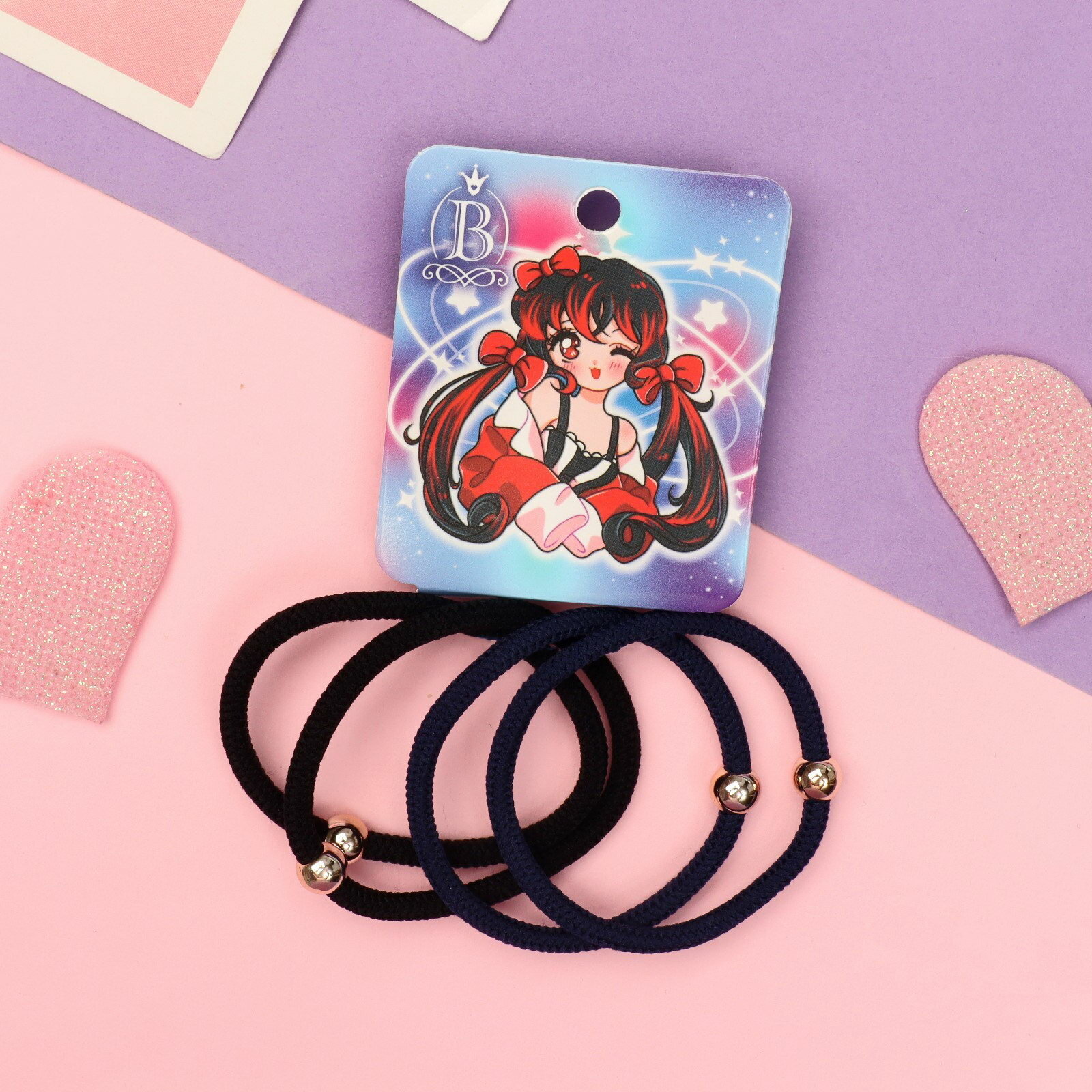 Резинки для волос "Комиксы", набор 4 шт, девчонка бантики, 5 см, чёрные, синие, 6 шт.