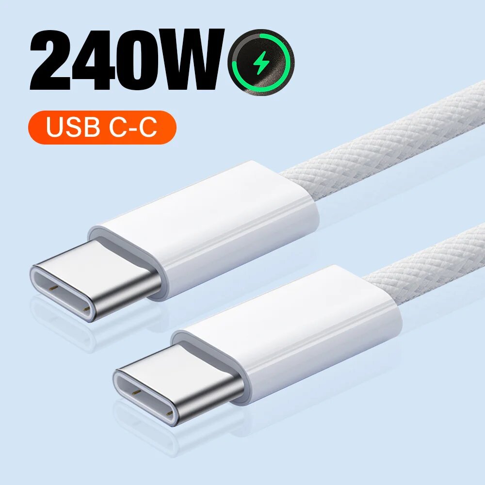 Кабель USB Type C to C для сверхбыстрой зарядки 240 Вт для Macbook iPad Apple iPhone 16 17 Samsung Телефон Ноутбук Оригинальный шнур зарядного устройства для передачи данных