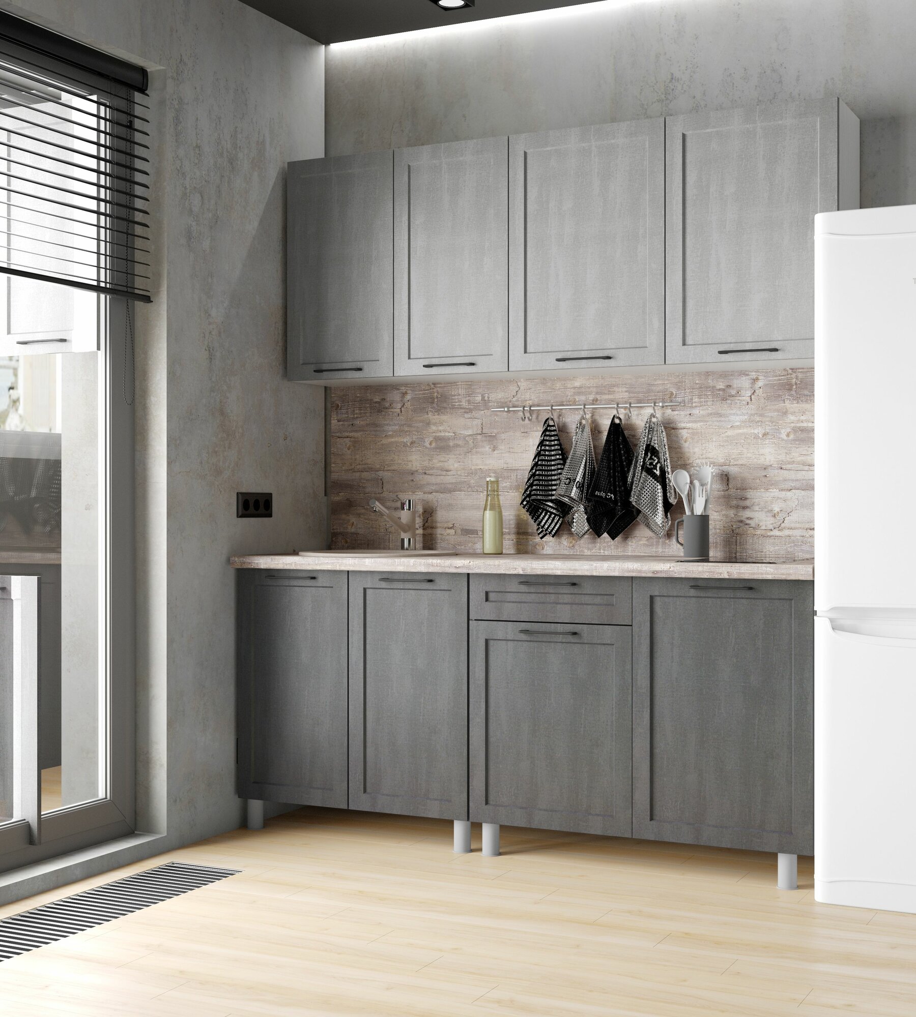 Кухонный гарнитур Кальяри (Корпус: 1,8 м белый + Фасад: "Кальяри" 1,8 м Холст Грей/Холст Натуральный) (Микон)