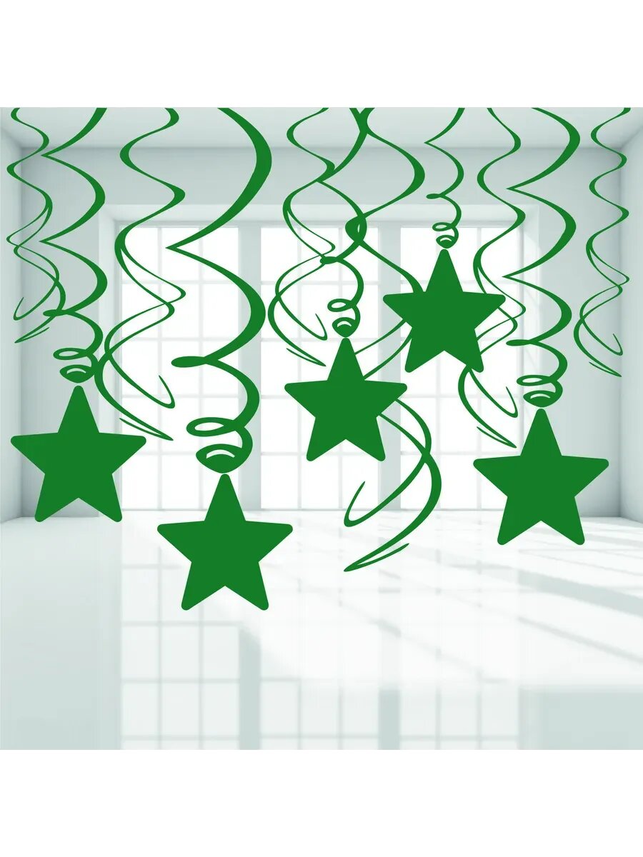 Спираль Декор Звезды, Зеленый темный, 12 шт. / 6 спиралей со звездами + 6 без звезд