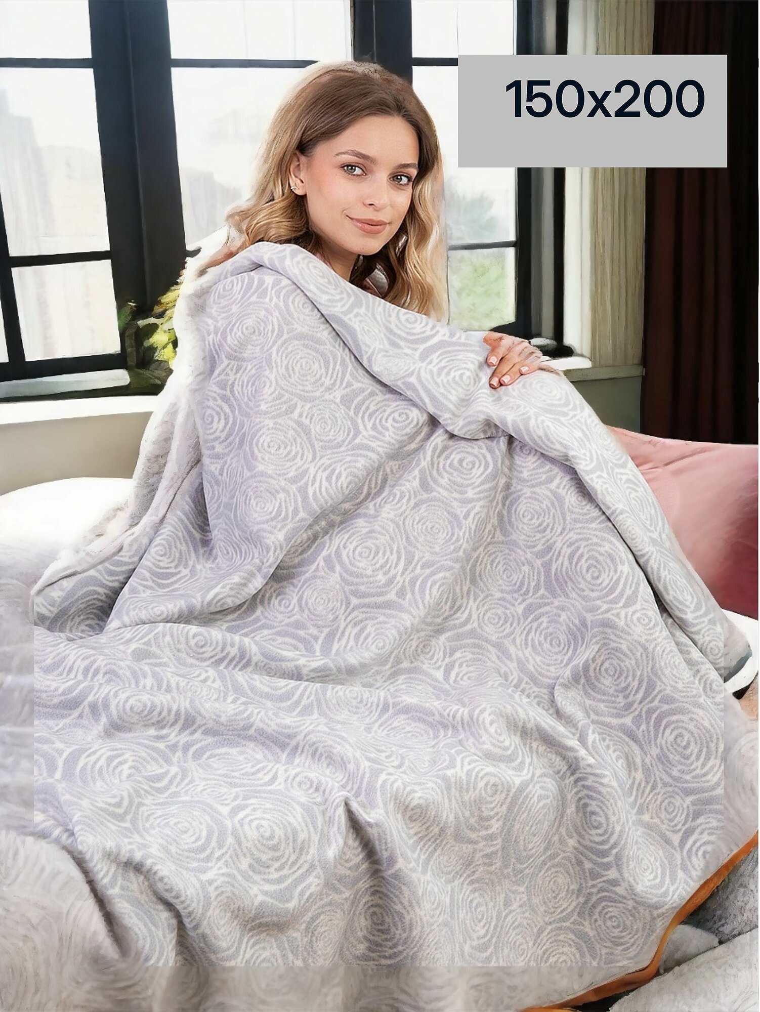 Плед 150х200 флисовый на кровать или диван "Розы" легкий и теплый