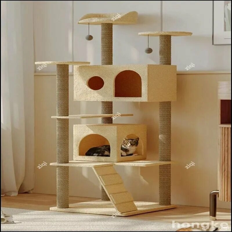 Большой игровой комплекс для кошек с лежанкой и когтеточкой, прочный деревянный домик-дерево для крупных пород (Мейн-Кун, Рэгдолл)
