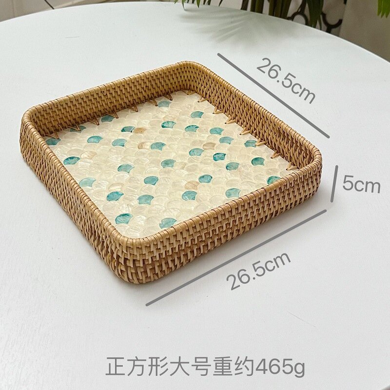 Вьетнамская плетеная тарелка из ротанга с цветными ракушками, скандинавский креативный ручной работы, декоративная тарелка для фруктов, поднос для хранения украшений, поднос для чая, квадратная тарелка