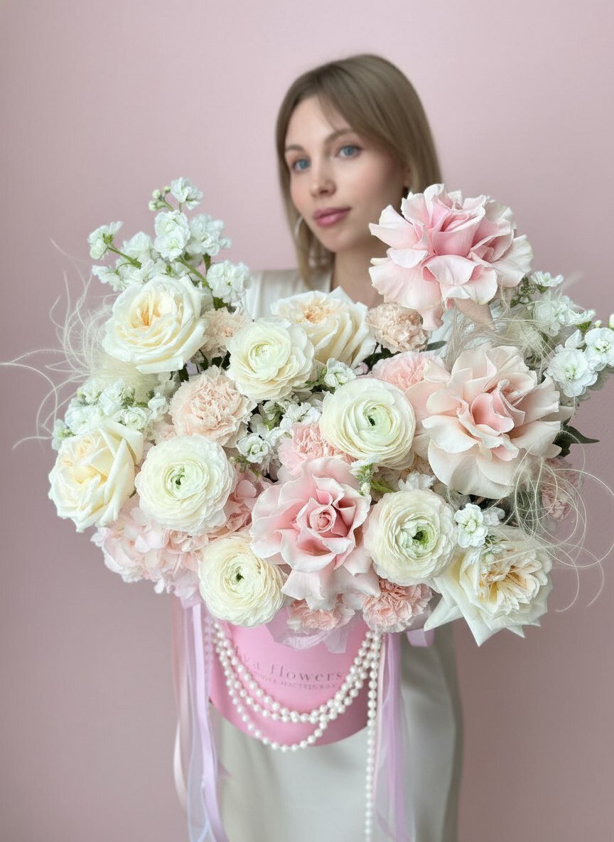 Роскошные цветы "Французская роза", с бусами, ранункулюсами и маттиолой