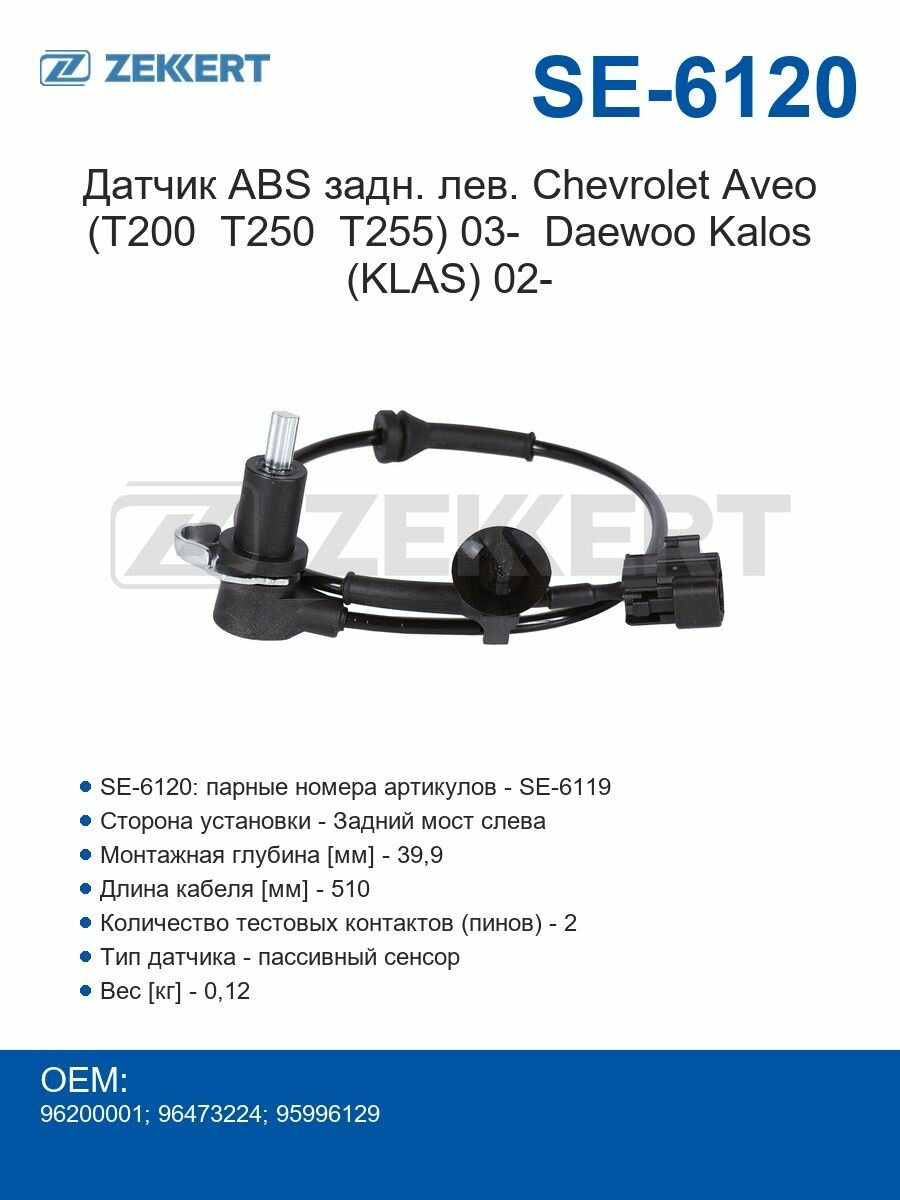 Zekkert Датчик ABS задн. лев. Chevrolet Aveo (T200 T250 T255) 03- Daewoo Kalos (KLAS) 02-