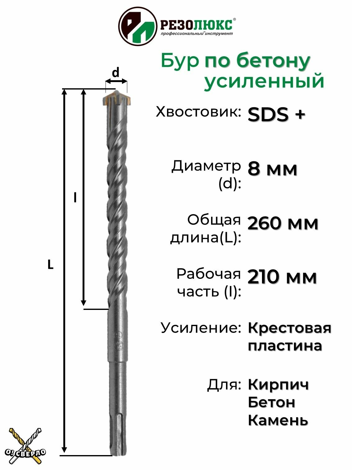 Бур по бетону d 8 L 260 SDS+ усиленный для перфораторов и ударных дрелей резолюкс
