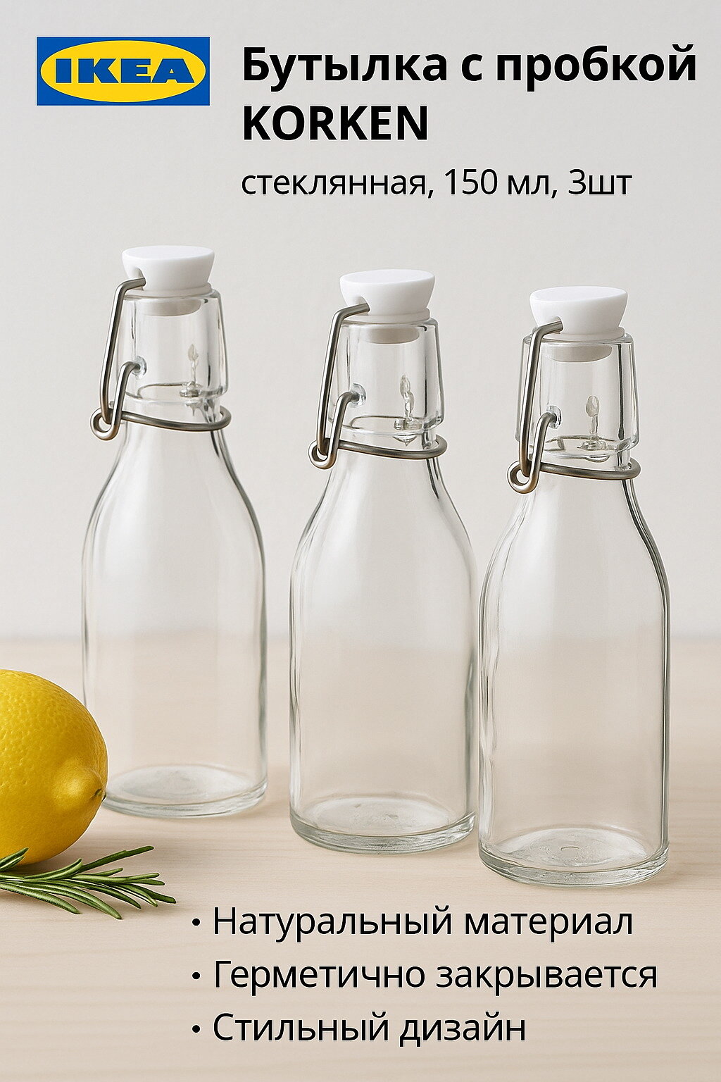 Бутылка с пробкой KORKEN, стеклянная, 150 мл, 3шт