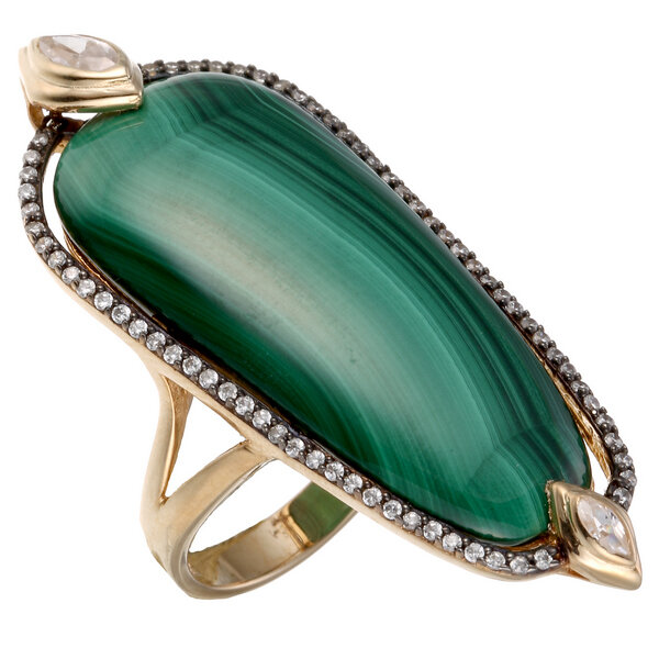 Кольцо, серебро, 925 проба, фианит, малахит