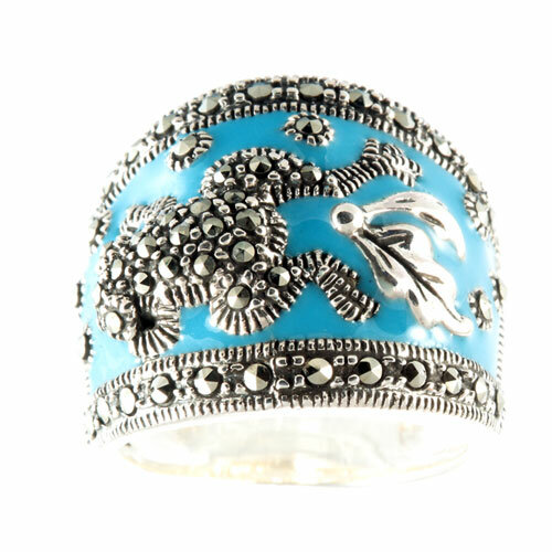 Кольцо, серебро, 925 проба, марказит, эмаль