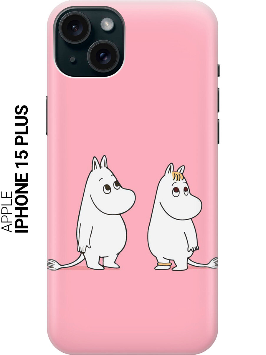 Силиконовый чехол на Apple iPhone 15 Plus / Эпл Айфон 15 Плюс с рисунком "Муми-тролли на розовом"