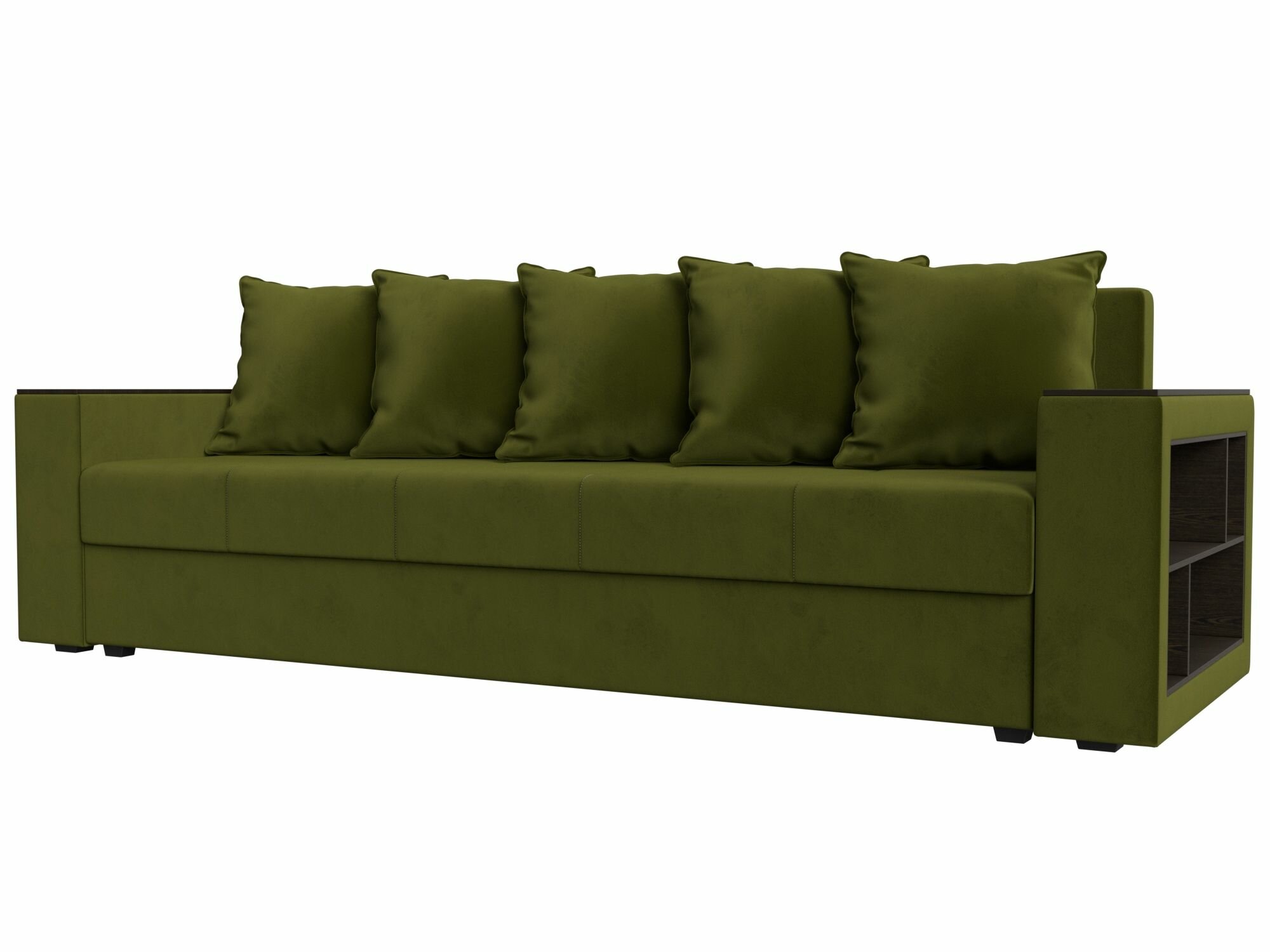 Диван прямой Дубай Лайт полки универсальные, микровельвет, механизм еврокнижка, зеленый, 232x80x85см. Хит Диванов