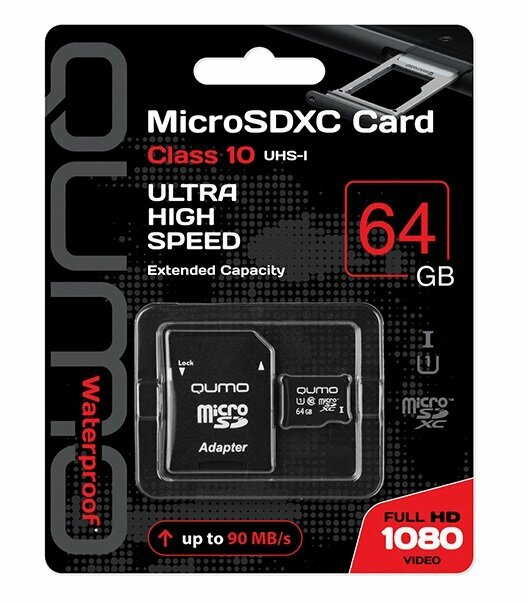 Карта памяти QUMO microSDXC 64GB, Class 10, UHS-I, с адаптером SD