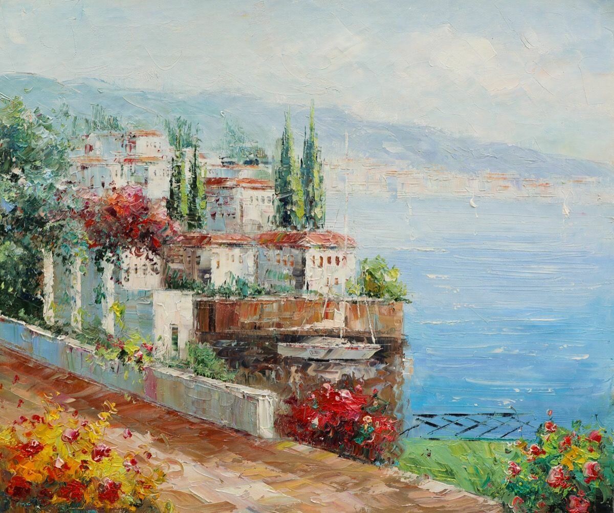 Картина маслом "Город у моря" 50х60см