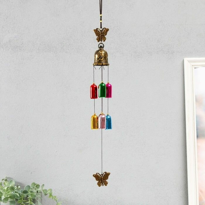 Музыка ветра КНР "Бабочки и 6 цветных колокольчиков", металл, 55х4,7х4,2 см