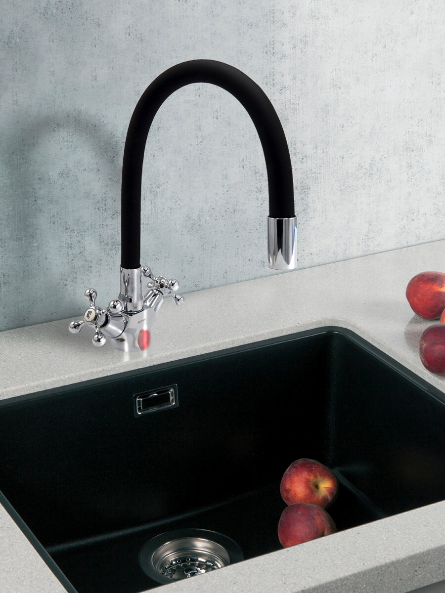 Смеситель ARCO, для кухни, маховик крест, гайка, гибкий излив, черный
