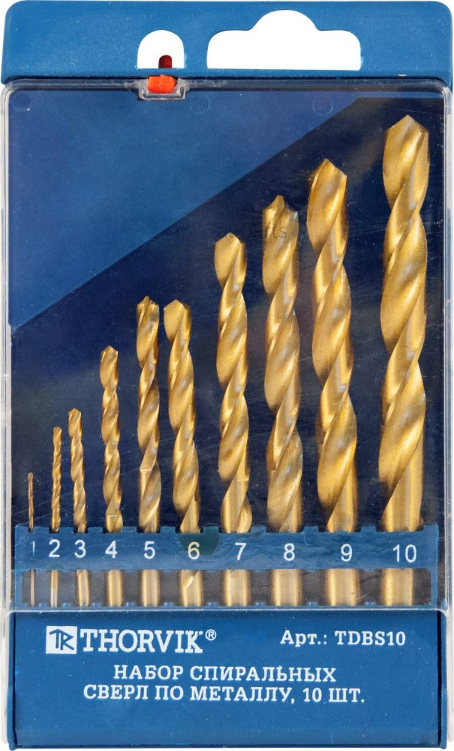 THORVIK TDBS10 Набор спиральных сверл по металлу HSS TiN в пластиковом кейсе, d1.0-10.0 мм, 10 предметов THORVIK TDBS10