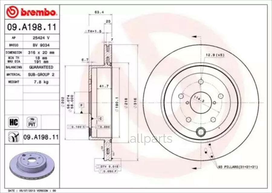 BREMBO 09A19811 Диск торм задн вент316x20 5 отв