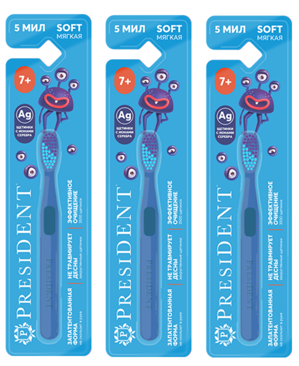 Зубная щетка President, детская, 7+, 5 мил, 3 шт