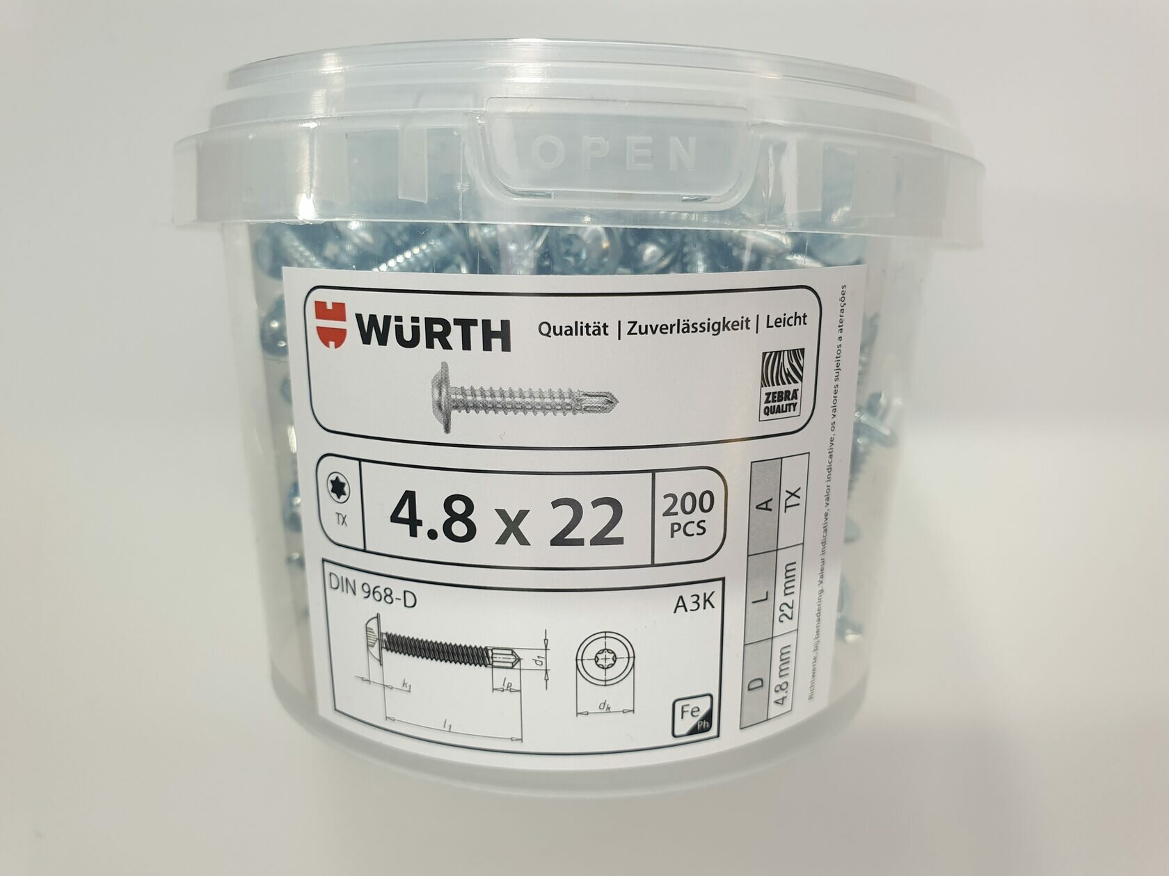 Саморез по металлу DIN 968-D 4.8x22 A3K (200 pcs) WURTH, Германия