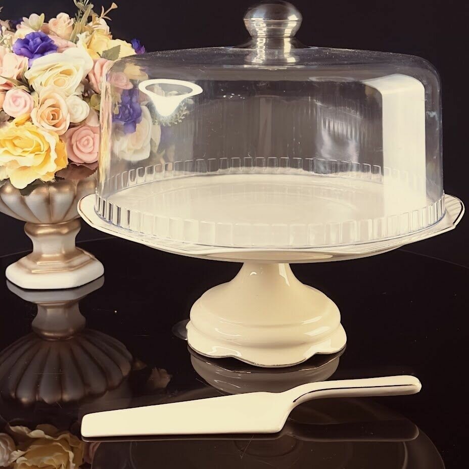 Тортовница на ножке с крышкой и лопаткой Lenardi Мираж 33см, фарфор