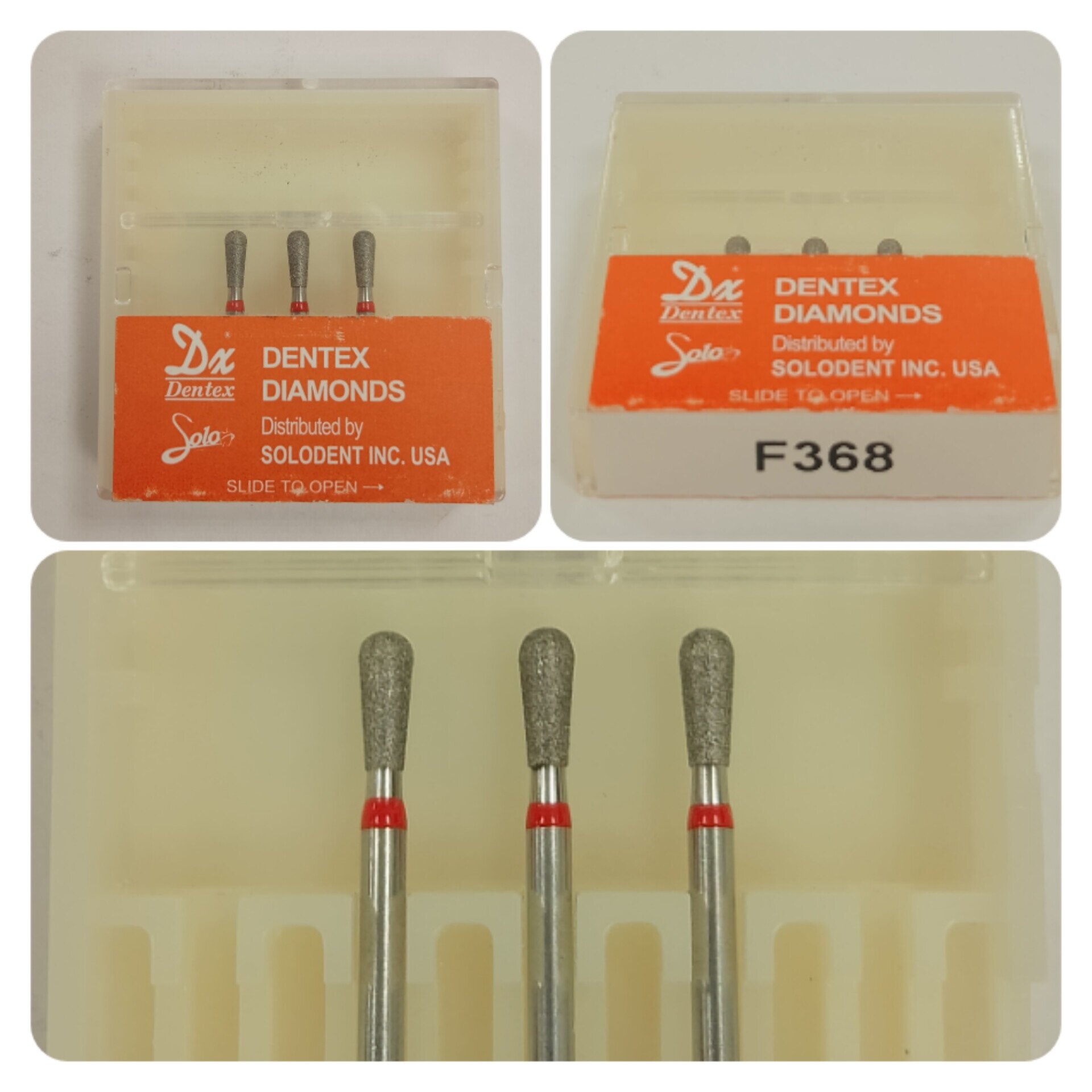 Боры стоматологические алмазные Dentex турбинные грушевидные, F368 размер 022, красная насечка, 3 штуки