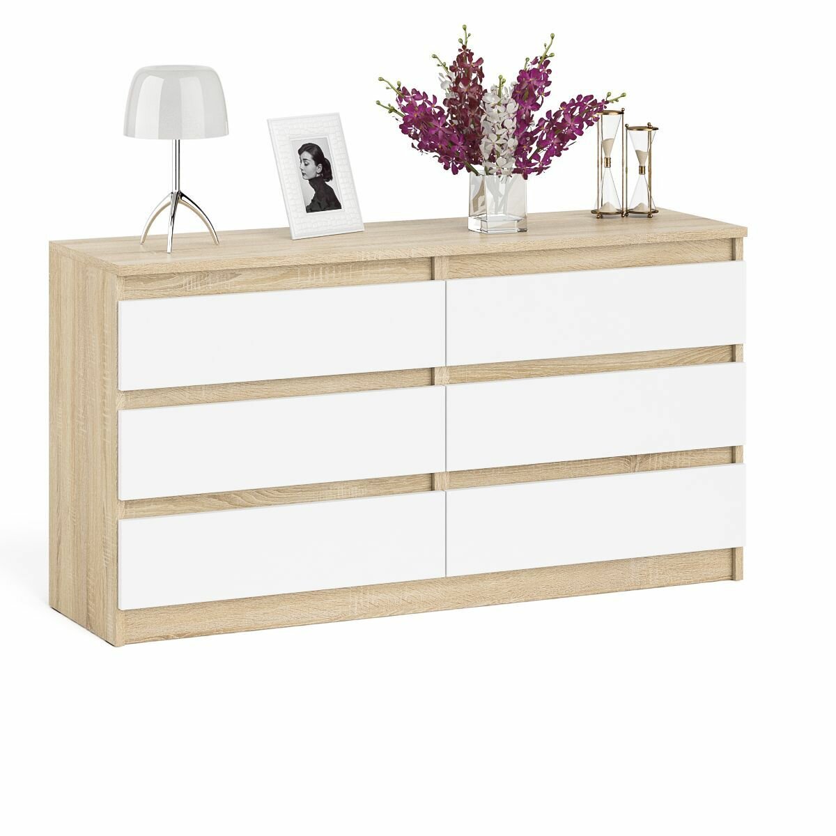 Комод для одежды Мори МК1380.6 большой с 6 ящиками, 138х41х73 см, белый / дуб сонома, в спальню и гостиную