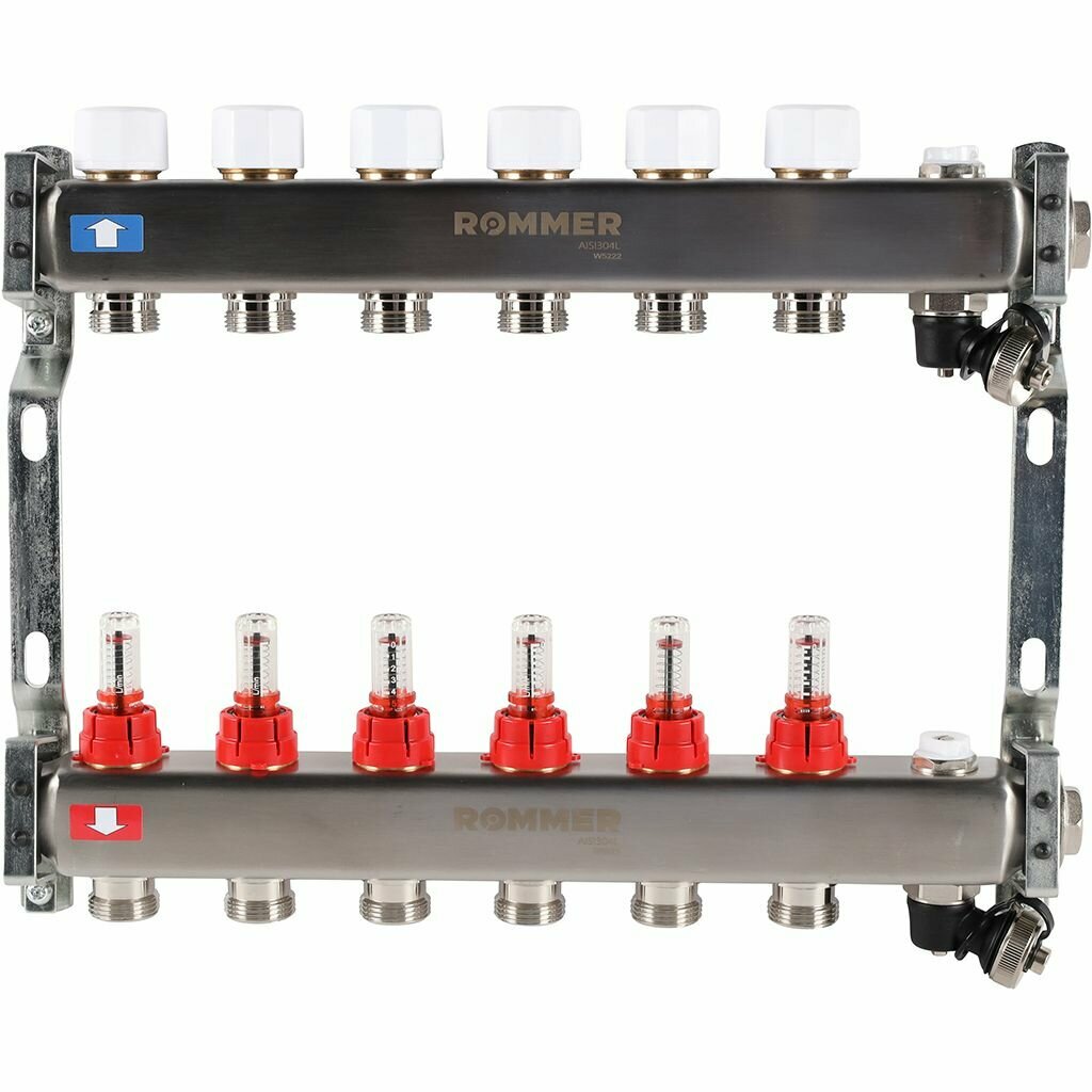 Коллектор для теплого пола ROMMER RMS-1201-000006 из нержавеющей стали с расходомерами, с клапаном вып. воздуха и сливом 6 вых.